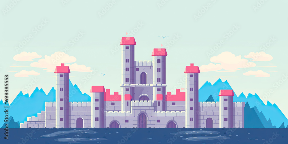 Castle background video game style illustration castles towers 8-bit ...