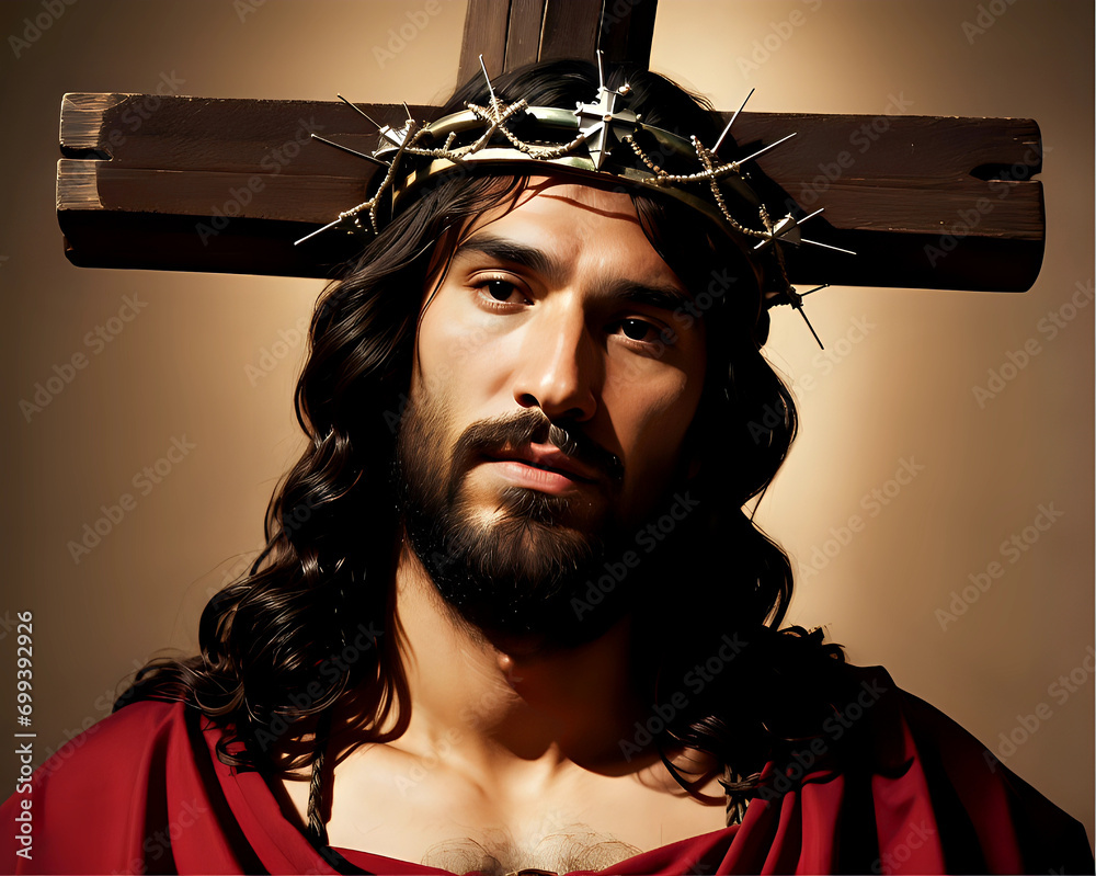 Stock-Foto „Jesus Christ cruxifixction on the cross with his crown of thorns, carrying the cross ...