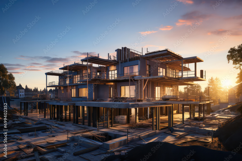 Construction site structural steel beam build large residential ...