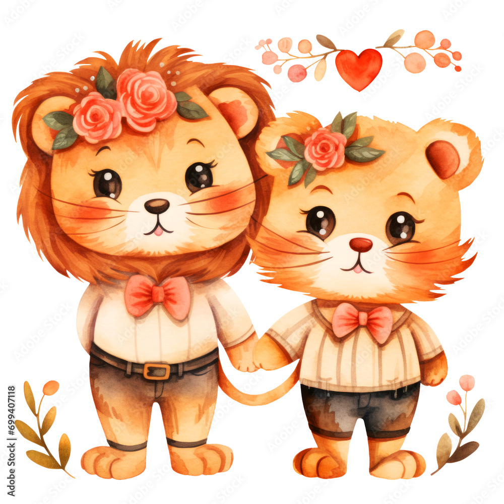 Watercolor Lion Animal Couple Clipart Transparent Background, Valentine ...