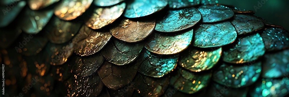 Texture of green forest dragon or mermaid scales close up, shiny ...