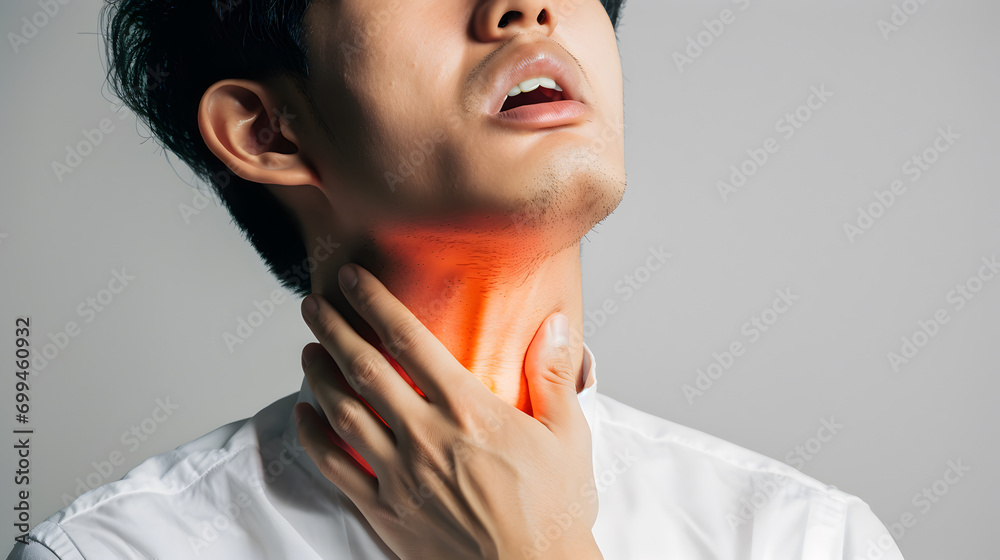 Inflammation at neck of a man. Concept of sore throat, pharyngitis ...