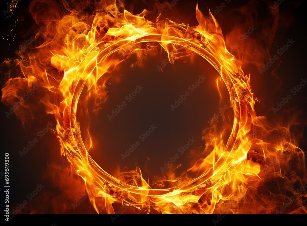 Fire circle with red smoke behind isolated on black background, golden ...