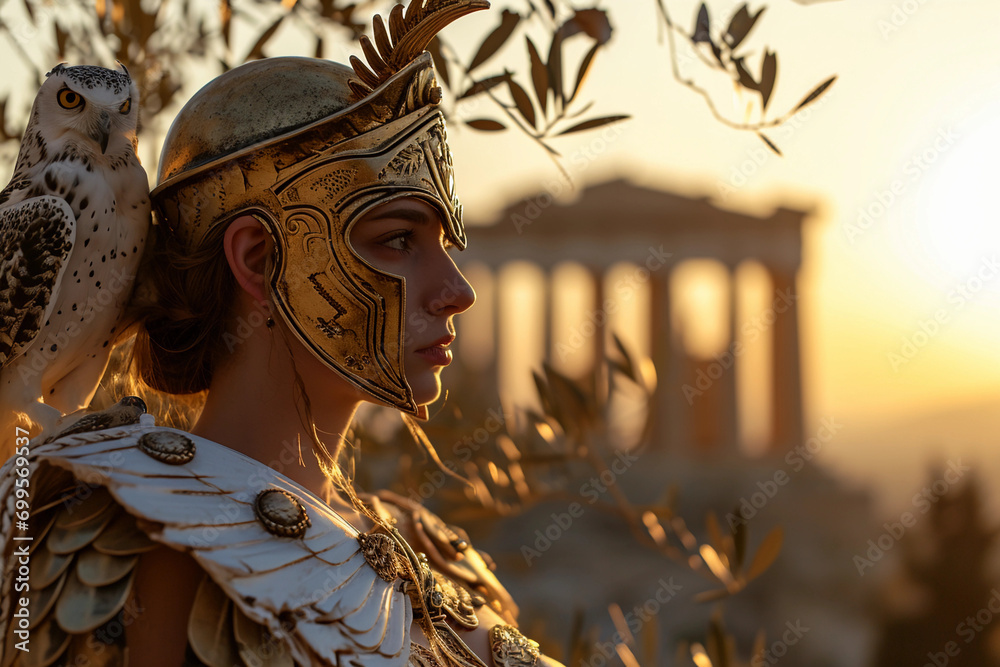 Athena, Goddess of Wisdom: Stern yet beautiful, owl perched on shoulder ...