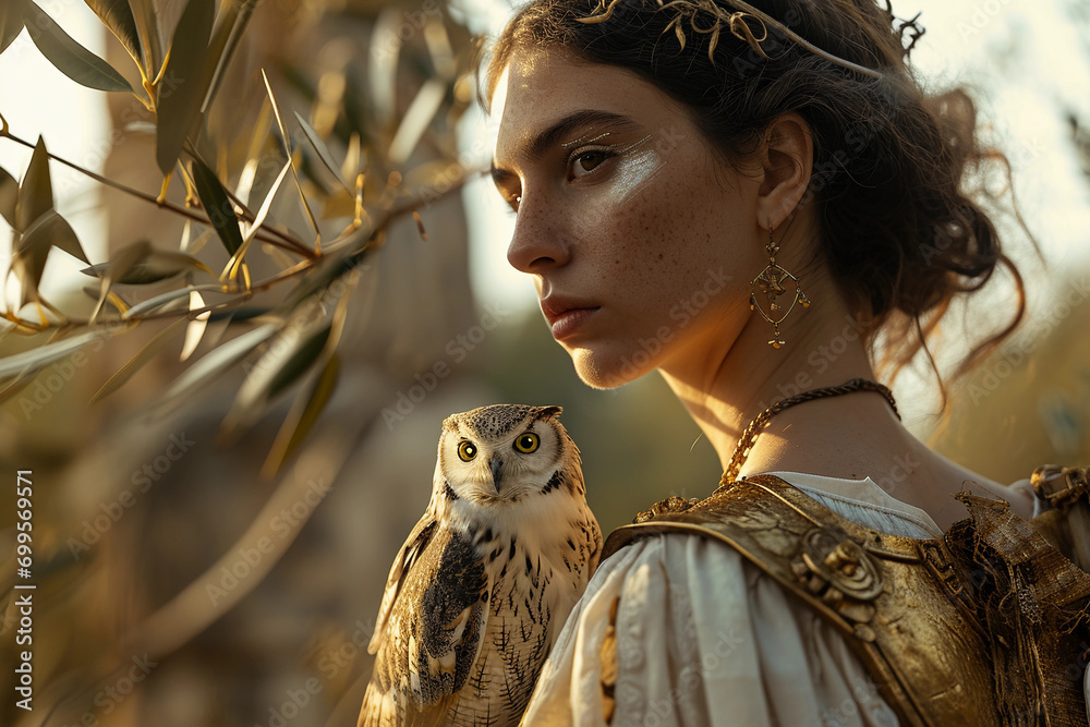 Athena, Goddess of Wisdom: Stern yet beautiful, owl perched on shoulder ...