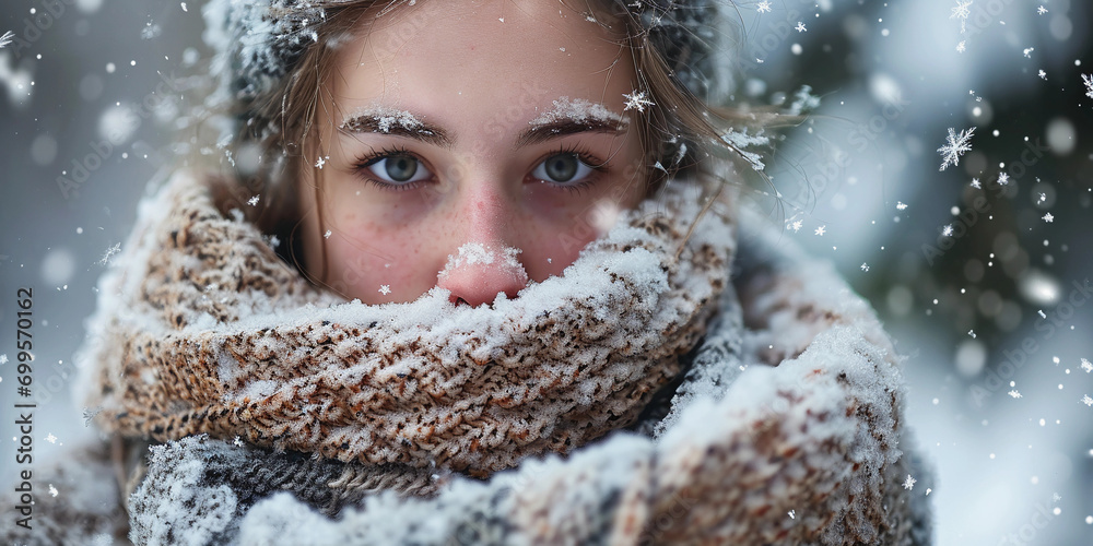 Dreamy winter portrait, soft snowfall, subject wrapped in a cozy knit ...