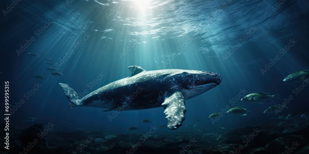 Sea whale deep underwater swims is sunny rays. Ocean life, wildlife ...