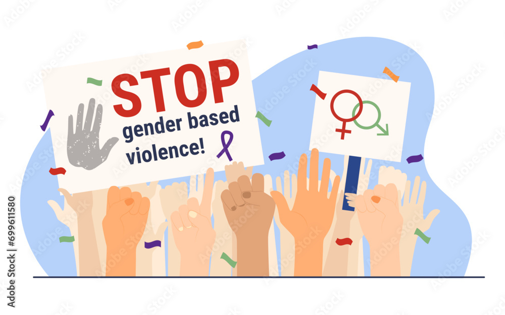 Hands with gender-based violence poster vector illustration. People ...