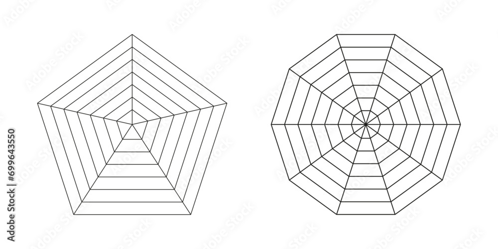 Pentagon graph. Set of polygon radar spider templates. Spider mesh ...