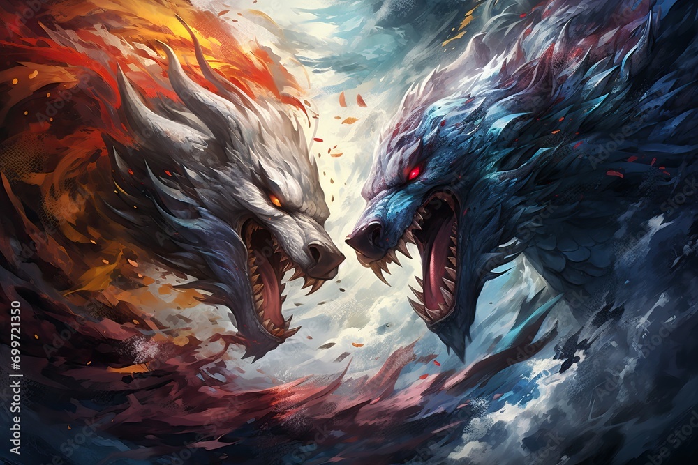 Artistic illustration. Japanese culture. Confrontation between two ...