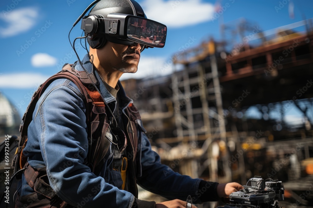 Construction worker wearing a VR headset controls construction ...