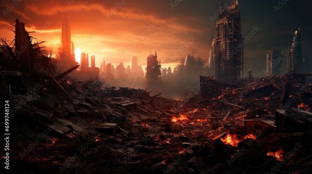 A destroyed gloomy city at night after an apocalypse Stock Illustration ...