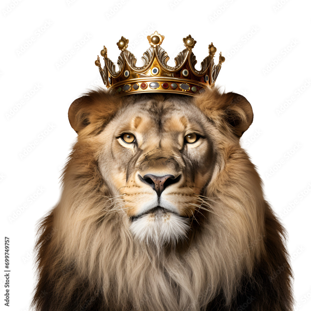 Close-Up Image of a Majestic Lion Wearing a Crown, Monarchial King of ...