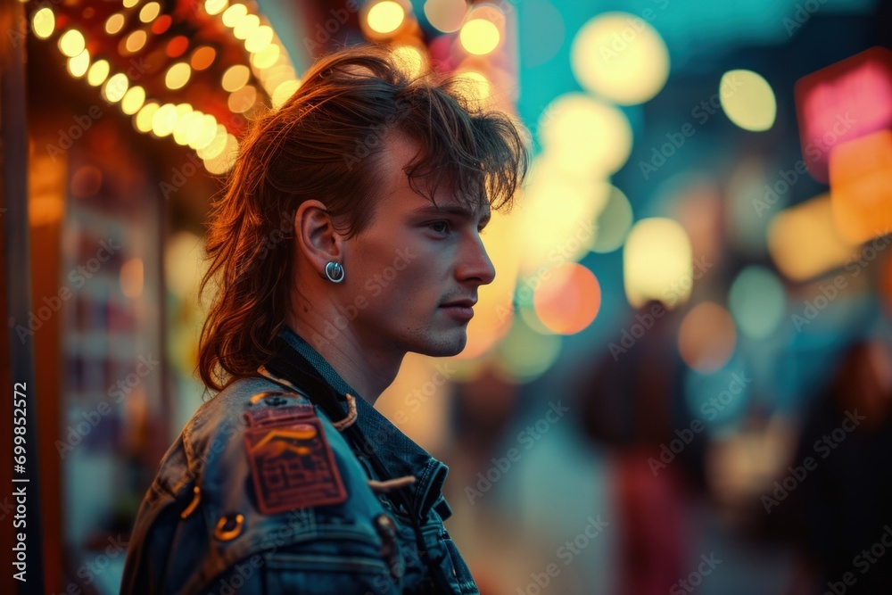 Man with clothes and hairstyle in retro 80s and 90s style, nostalgia ...