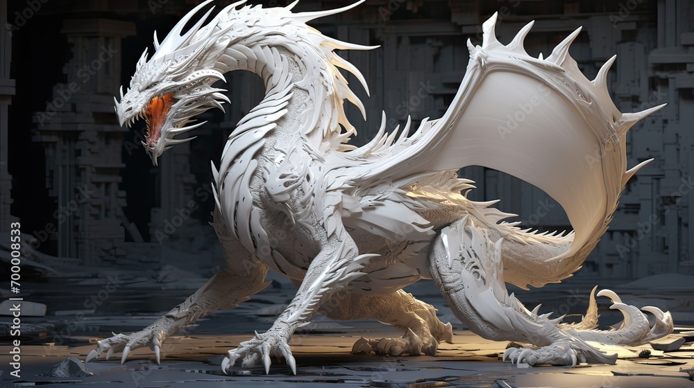 Stylized white dragon in a dynamic and powerful pose. Mythical creature ...