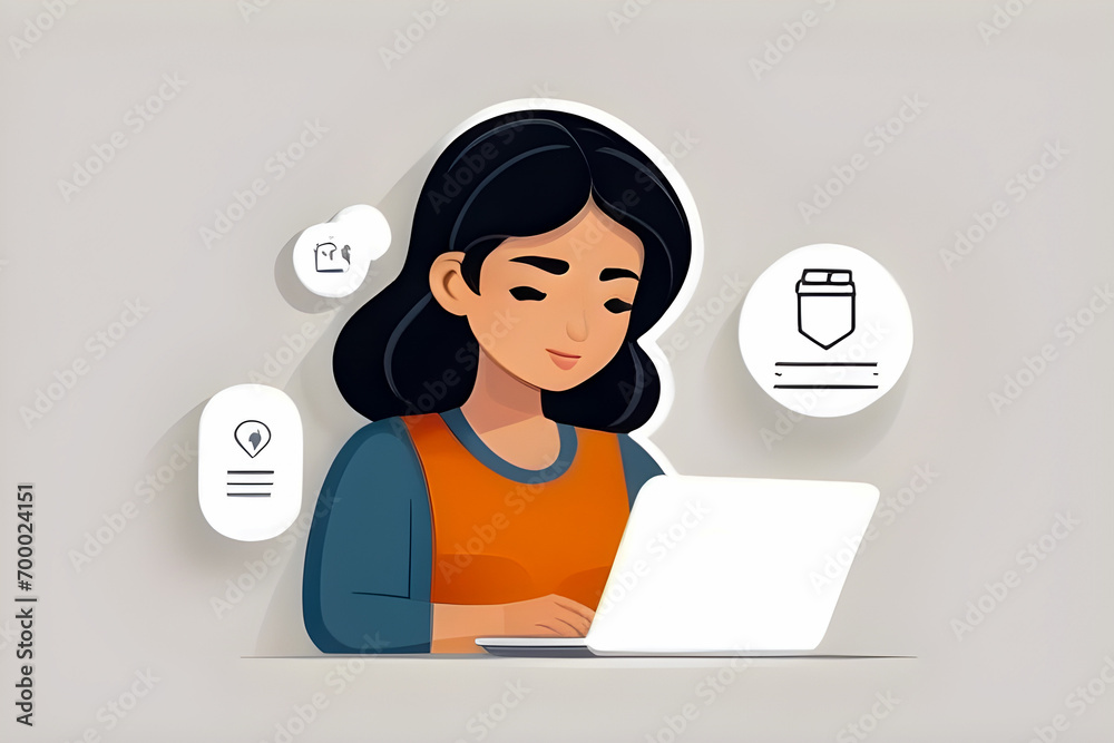Cartoon clip art, a young woman is surfing the internet with a computer ...