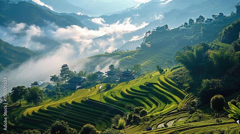 Terraced fields, Paddy fields, Ancient villages shrouded in clouds and ...