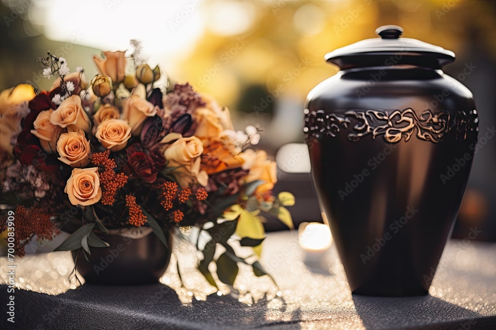 Decorative urn with ashes and flowers in funeral ceremony Mourning ...