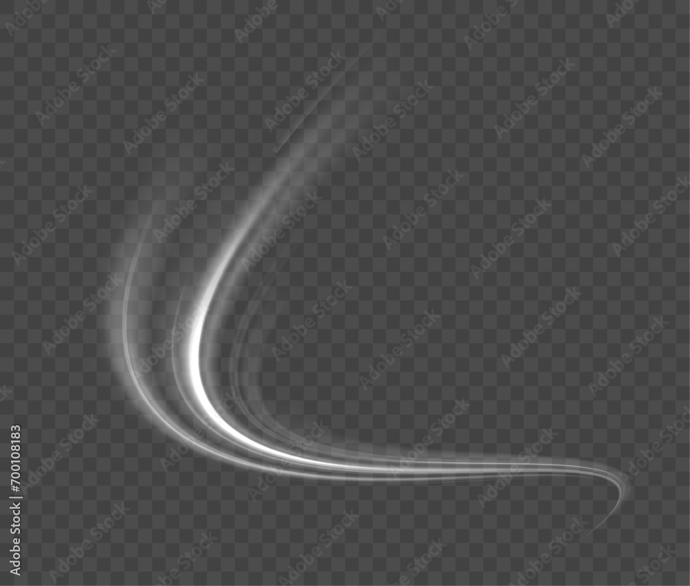 Luminous white lines of speed. Twist white line. Light trail wave, fire ...