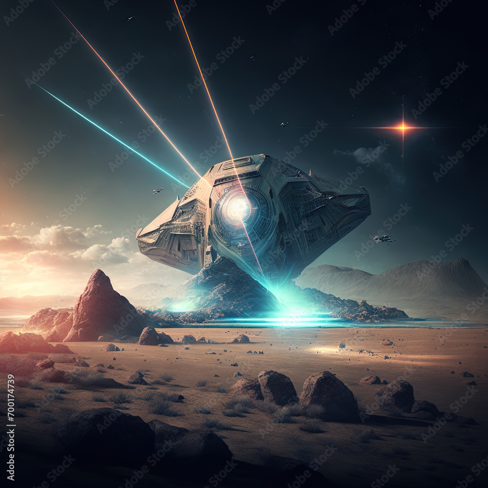 Spaceship crash landing during the battle with laser rays. Alien ...