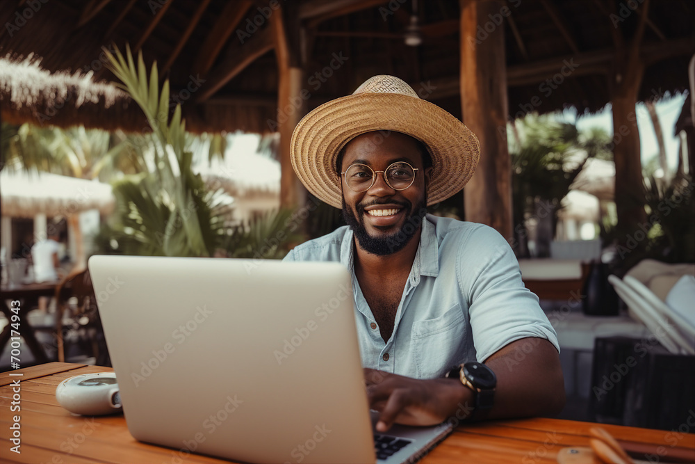 Generative AI technology picture of chilling nomad person sitting near ...