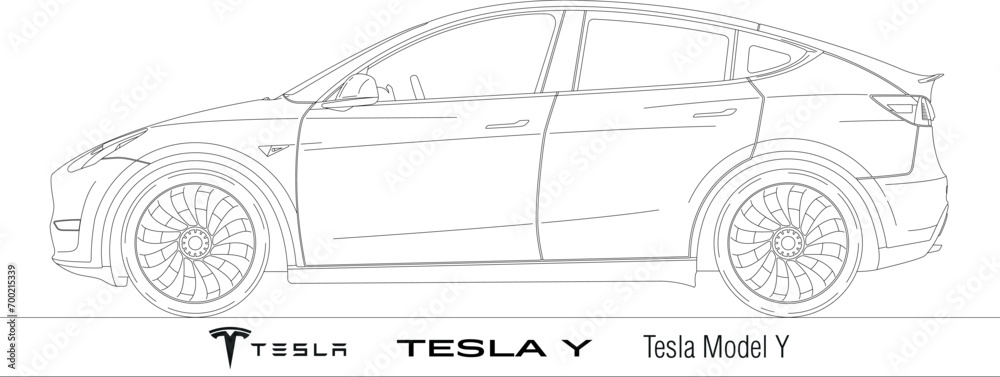 USA, year 2020, Tesla electric car model Y silhouette, outline drawings ...