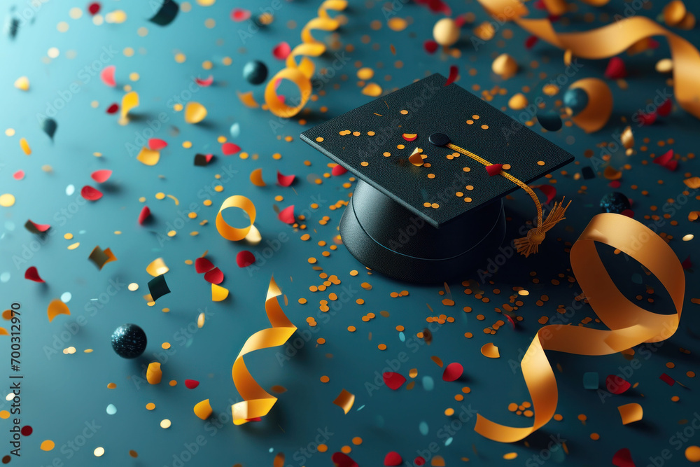 A graduation cap lies amidst a shower of confetti and streamers ...
