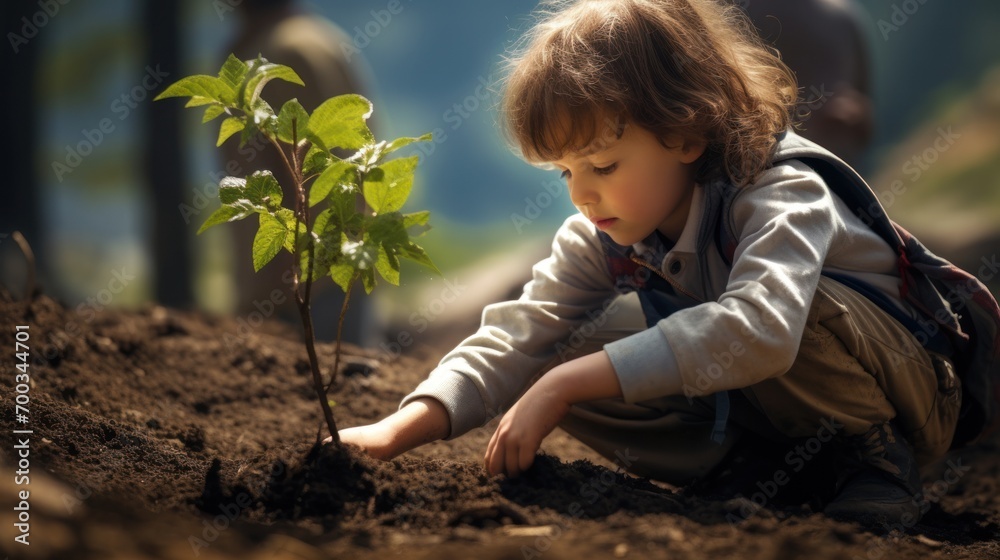 Little boy nurtures a tree seedling, embodying a symbiotic connection ...