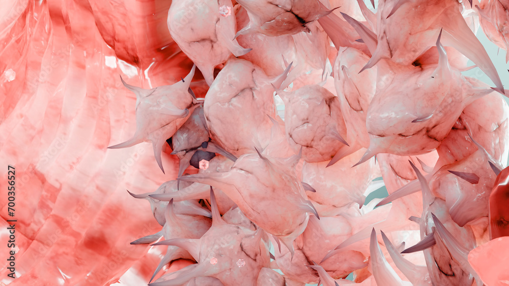 Hemostasis. Red blood cells and platelets in the blood vessel ...