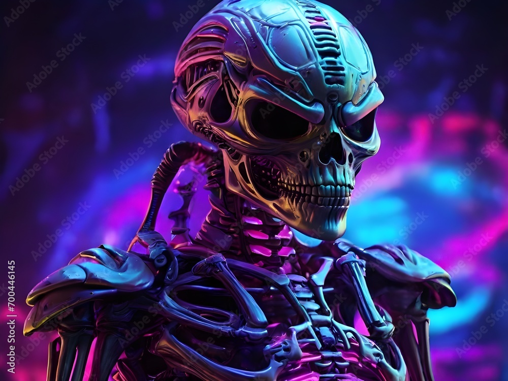 Epic alien skeleton in neon background. Human torso. Cyberpunk skull ...