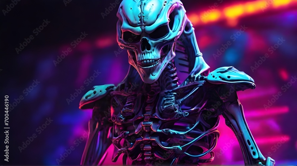 Epic alien skeleton in neon background. Human torso. Cyberpunk skull ...