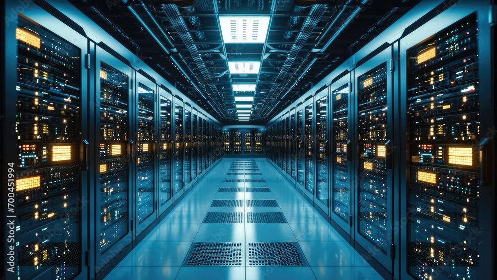 A bustling server room, rows of high-tech computers with blinking lights, The cooling fans ...