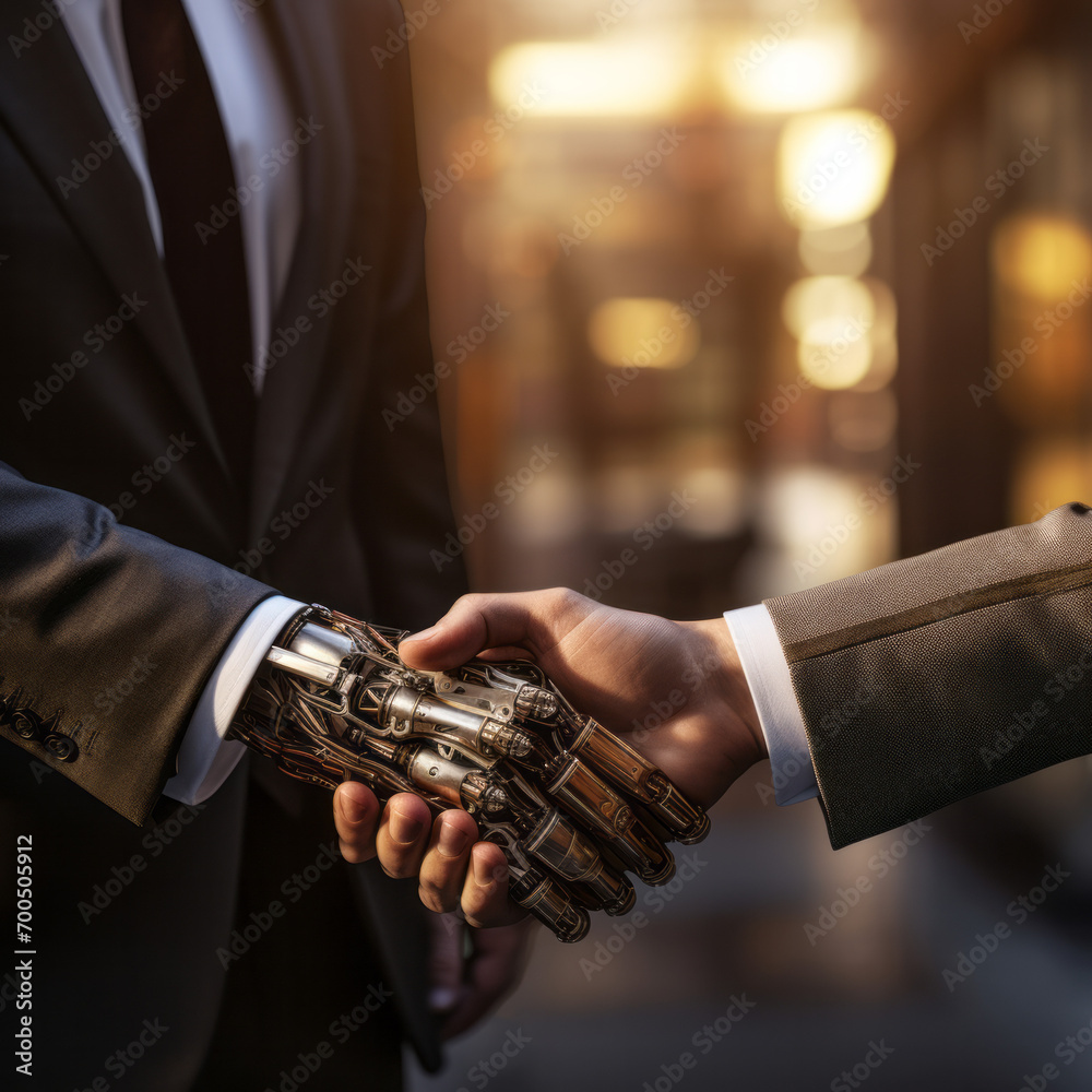 Title: Robot android in a business suit shakes hands with human ...
