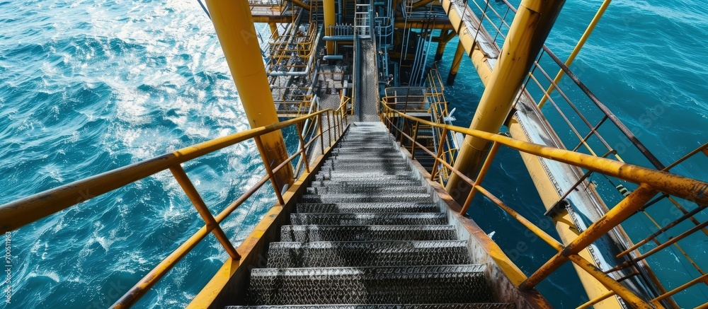Construction stair walking up and down Offshore oil and gas platform ...