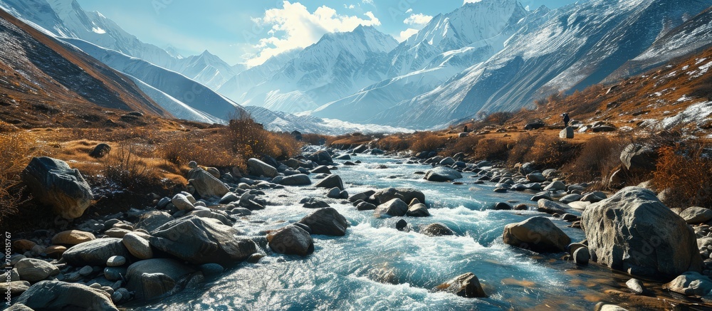 Himalaya mountains and stream water from melted glacier view from ...