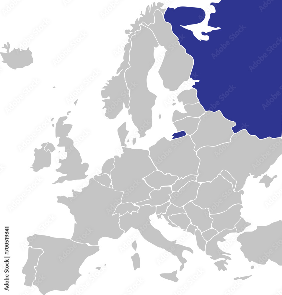 Blue CMYK national map of THE RUSSIAN FEDERATION (European part) inside ...