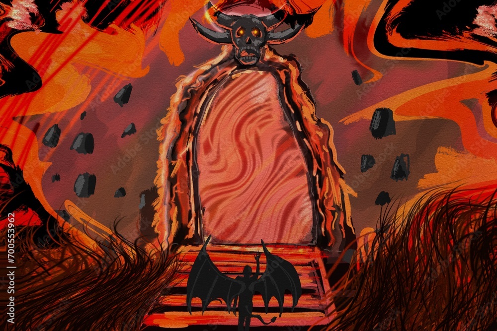 The devil stands before the gates of hell, and the flames burn digital ...