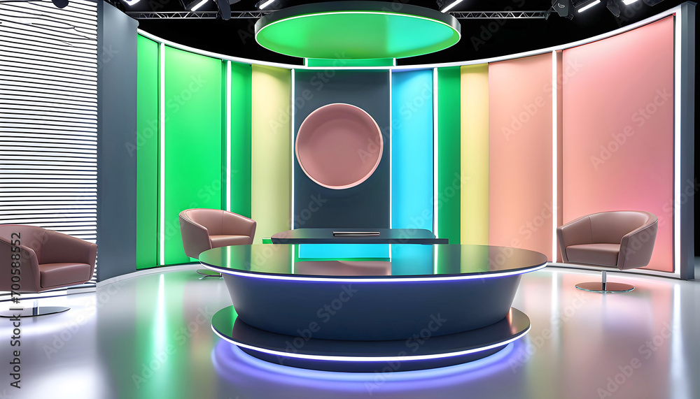 virtual 3D studio television set for color green television background. Design, creation ...