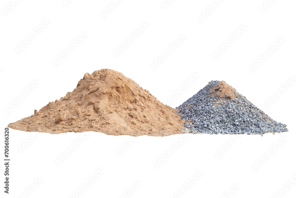 Pile of sand and gravel or stone in construction site isolated on white ...