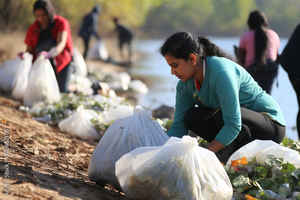 A scene of volunteers participating in a nationwide campaign to clean ...