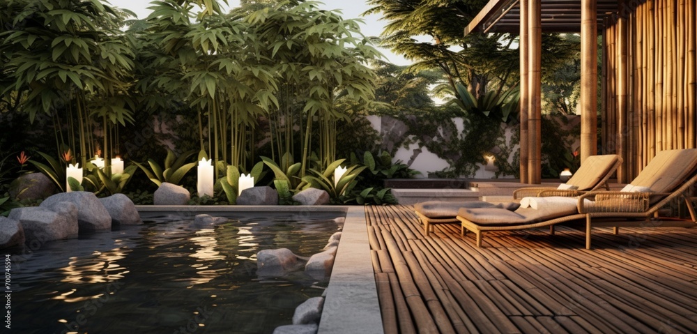 A modern backyard oasis with a pool and a surrounding bamboo forest ...