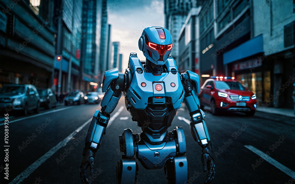 light blue robot policeman in big city, scanning street, police vehicle ...