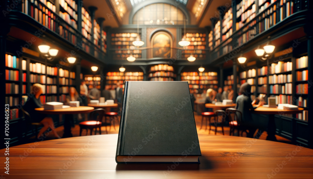 Black book upright in library with blurred background, focus on reading ...