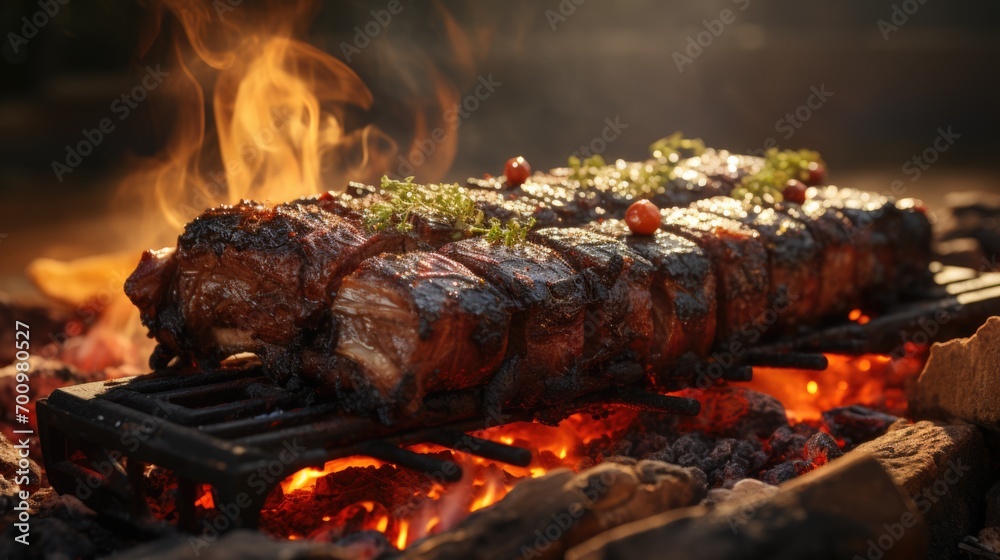 An outdoor photograph of a tasty delightful cow ribs on spit ground ...