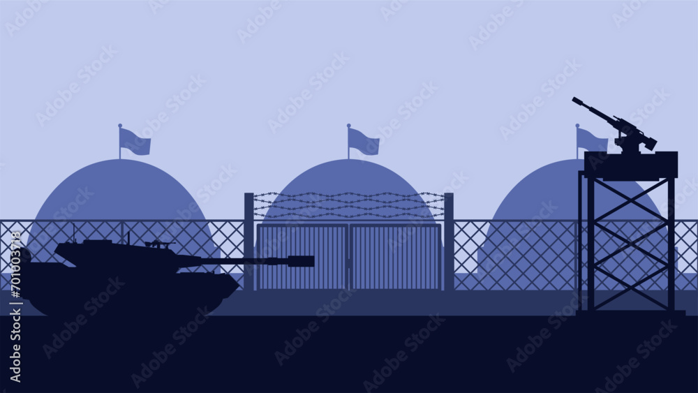Military base landscape vector illustration. Silhouette of military ...