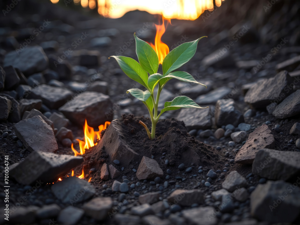 After a devastating fire, a new green plant emerges from the scorched ...
