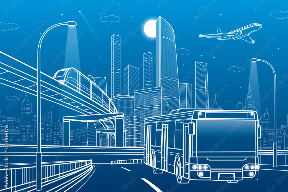 Outline city illustration. Bus moving on highway. Railroad bridge. Car ...