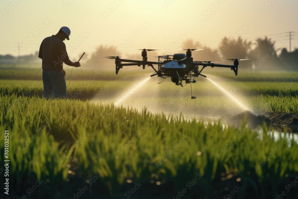 Stock-Foto „Farmer using drone to irrigate corn field from pests. Fusion of technology and ...