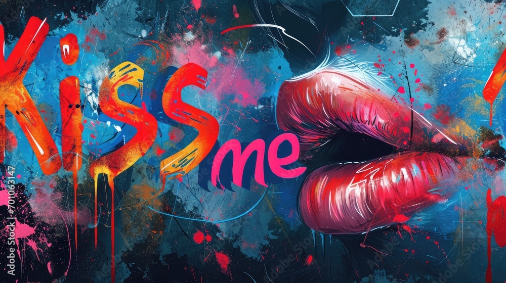 "Kiss me", Text word, label, bright background, in 3D romantic style ...