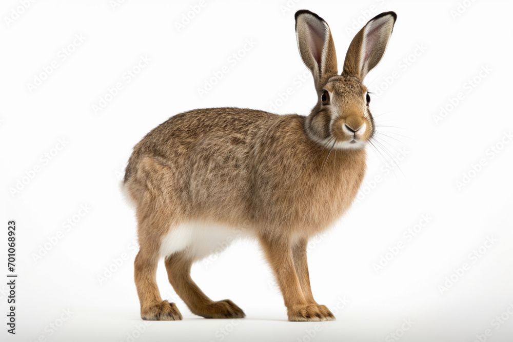 Mountain Hare standing on a white background. Animal side portrait ...